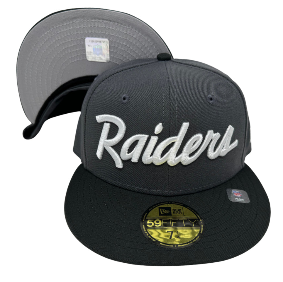 Raiders Fitted New Era 59Fifty Script Charcoal Black Cap Hat Grey UV ...